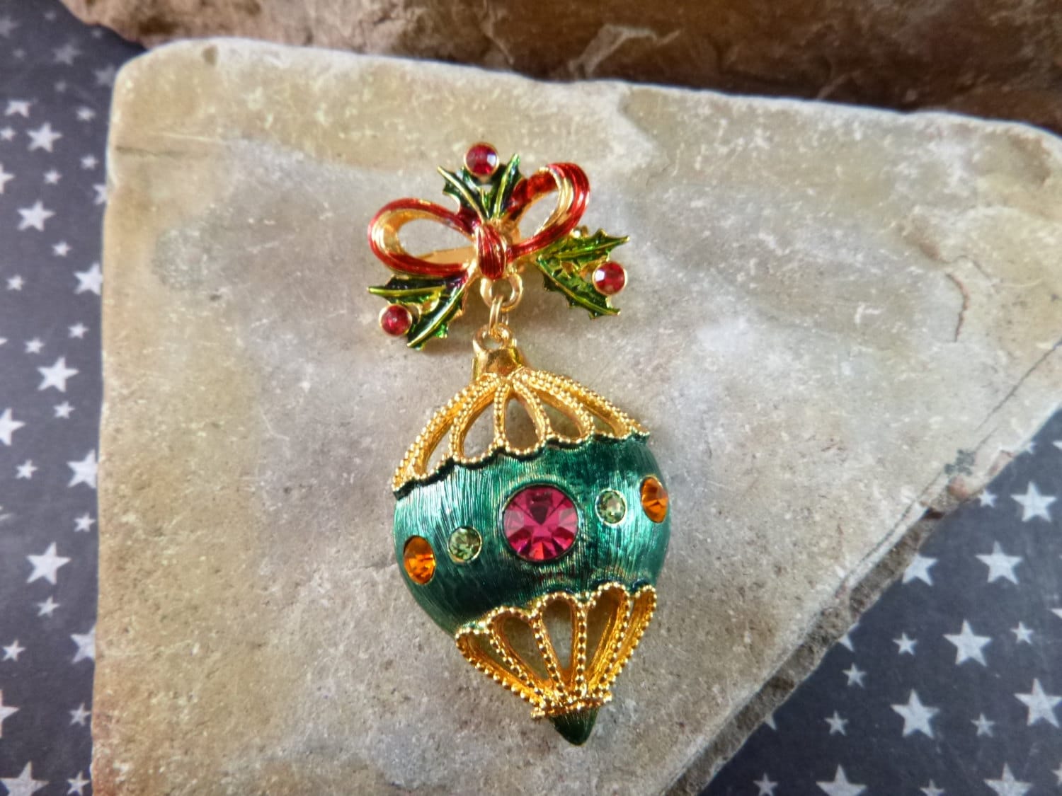 Vintage Christmas Tree Ornament Dangling from Bow Bright Enamel and ...