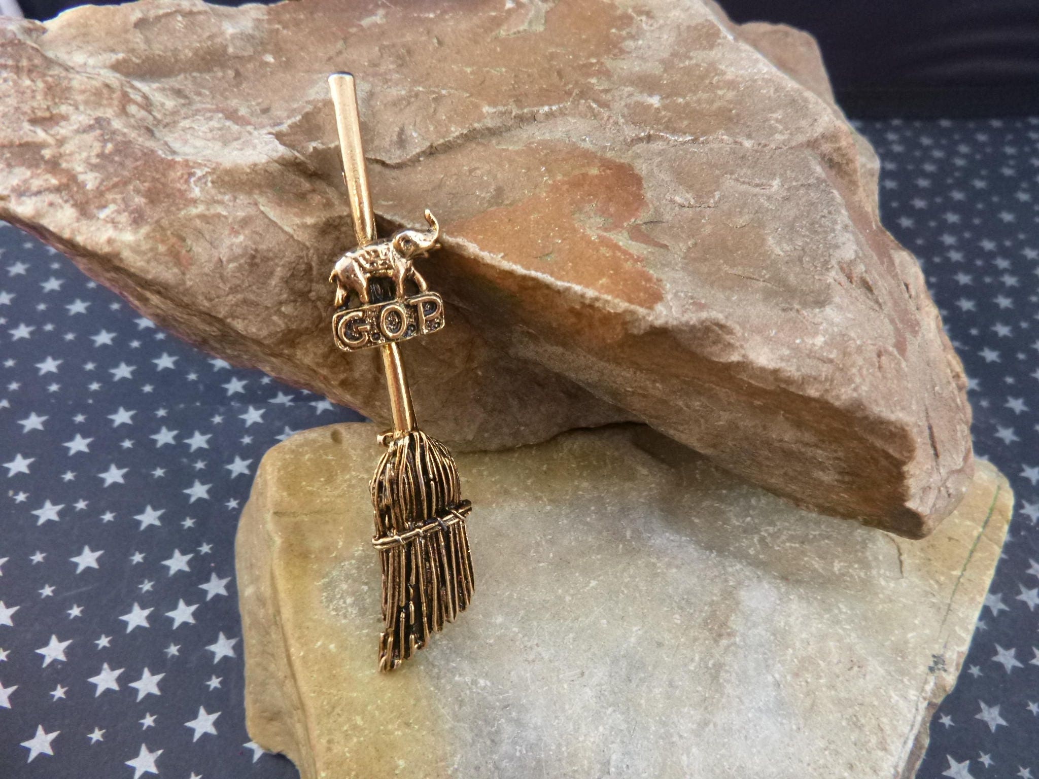 GOP Elephant “Clean Sweep” Broom Political Republican Vintage Pin