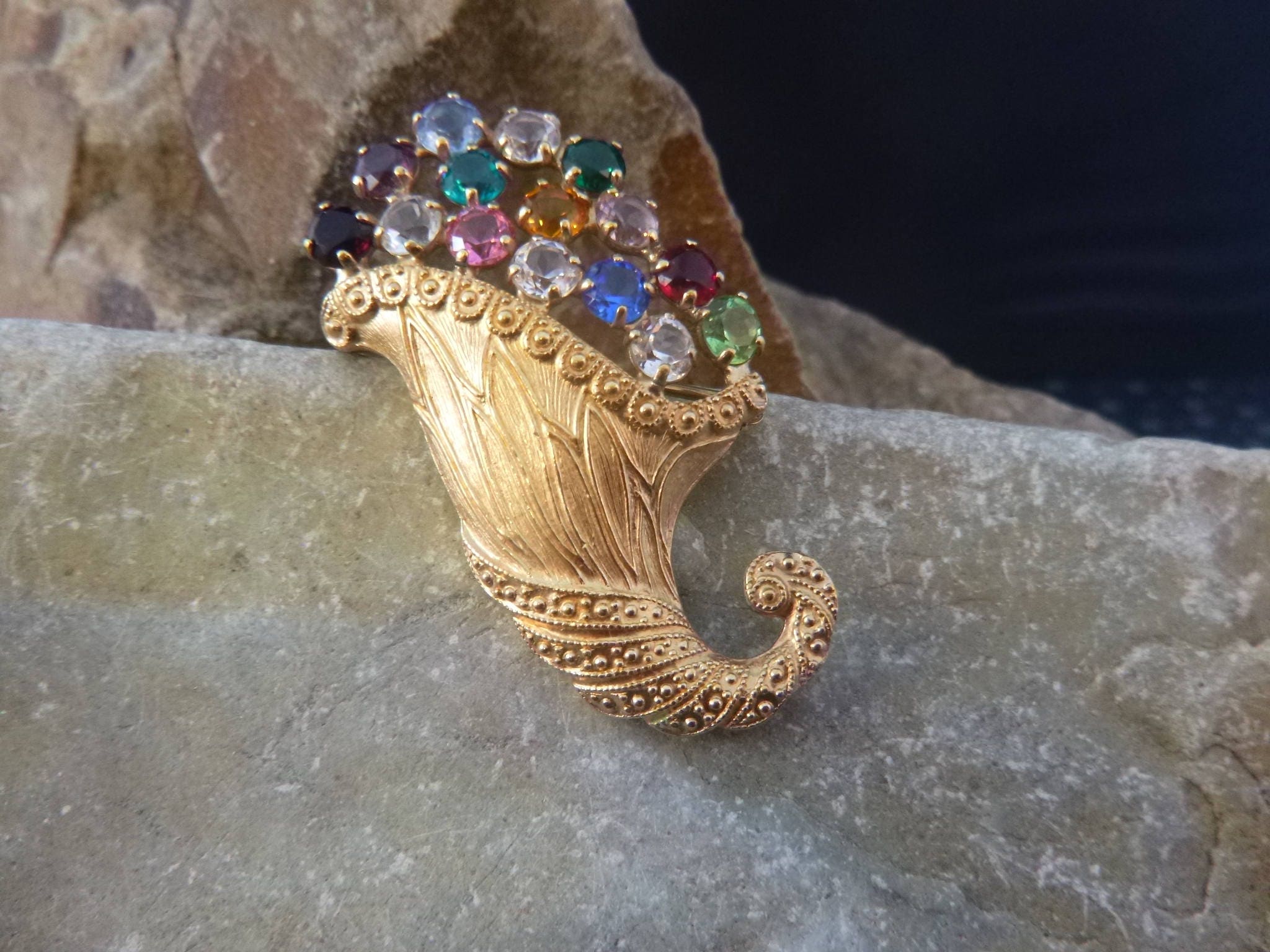Sparkling Rhinestone Cornucopia Vintage B. David Brooch | Thanksgiving ...