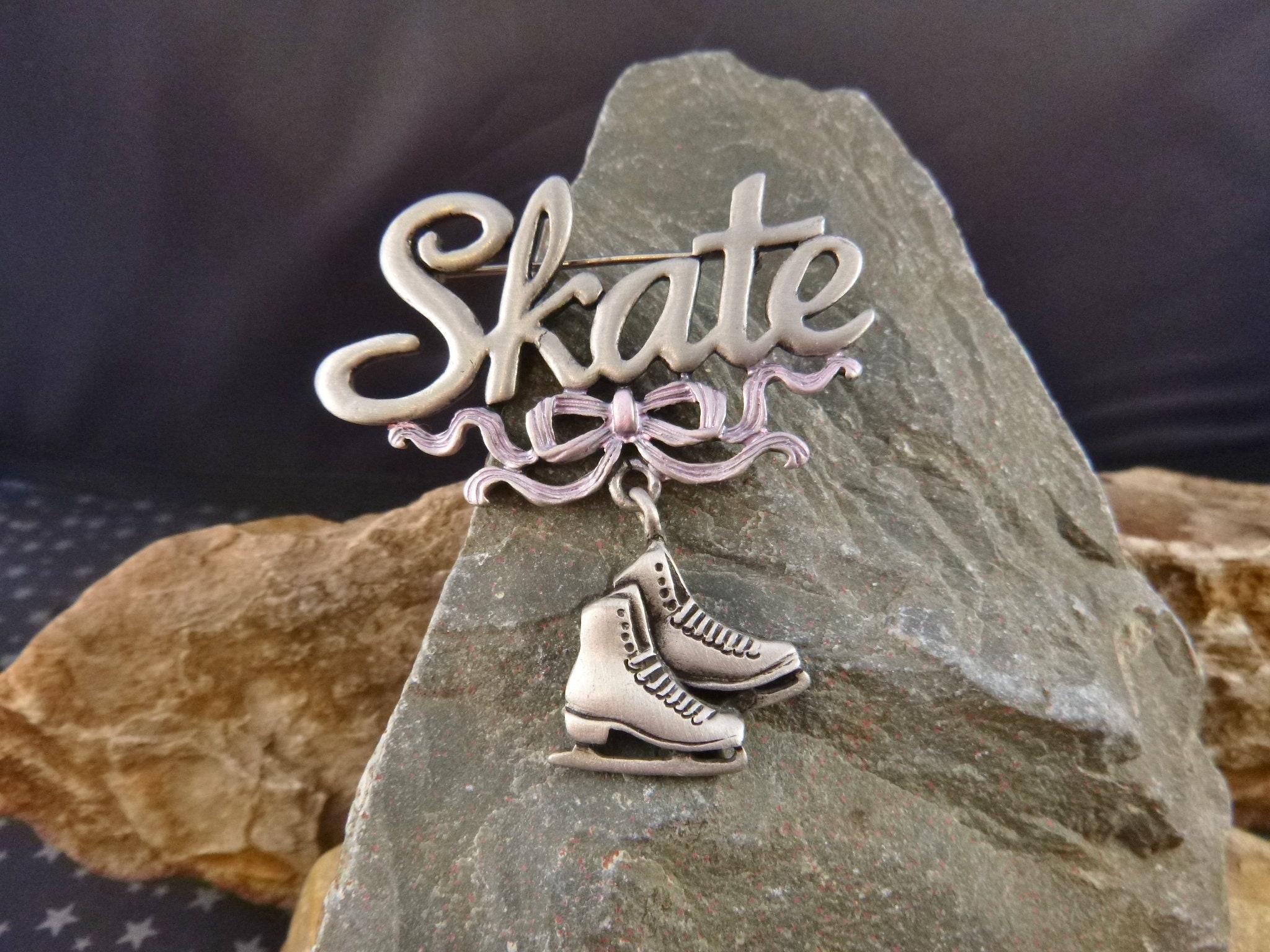 Ice Skater Vintage Pewter JJ Pin | Ice Skates Dangle From Pink Bow ...
