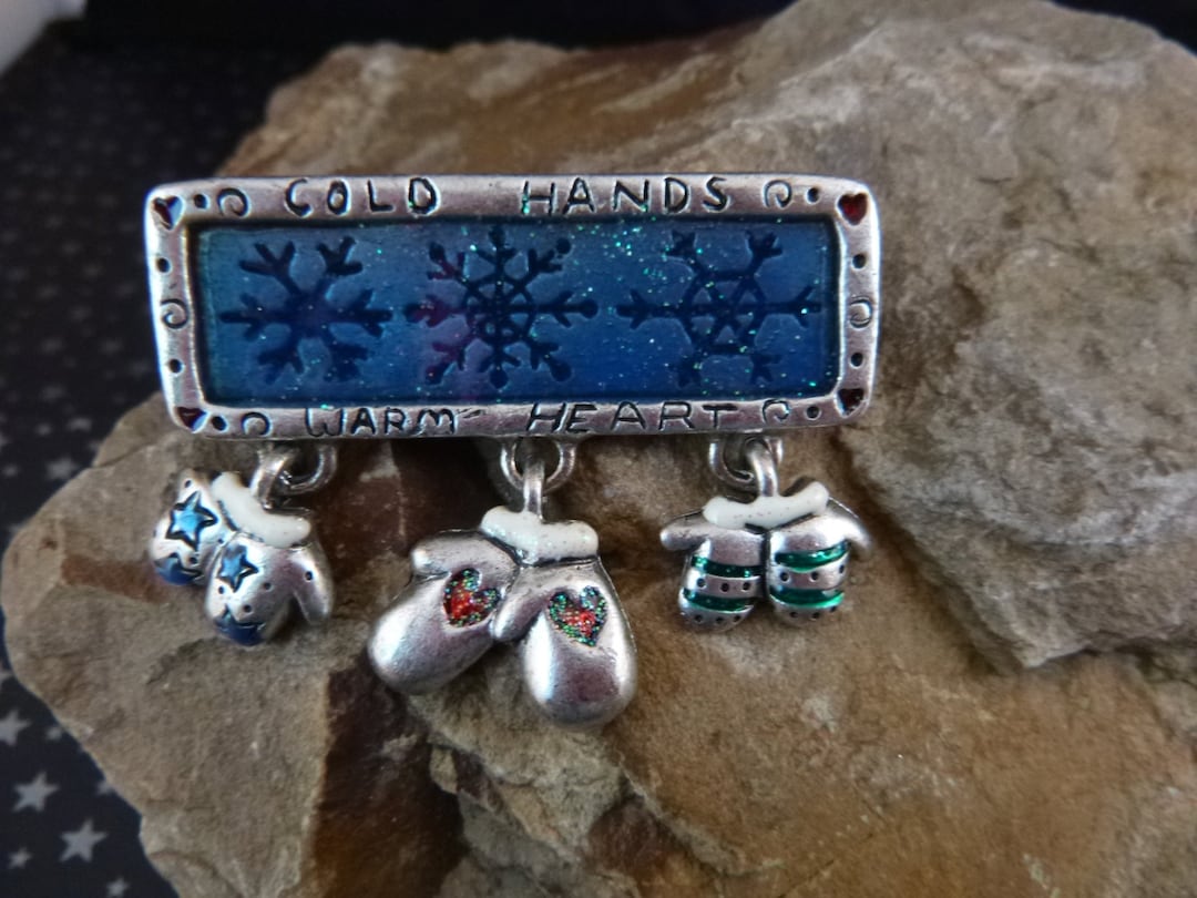 Cold Hands Warm Heart Three Mitten Pewter and Enamel Vintage Winter Pin ...