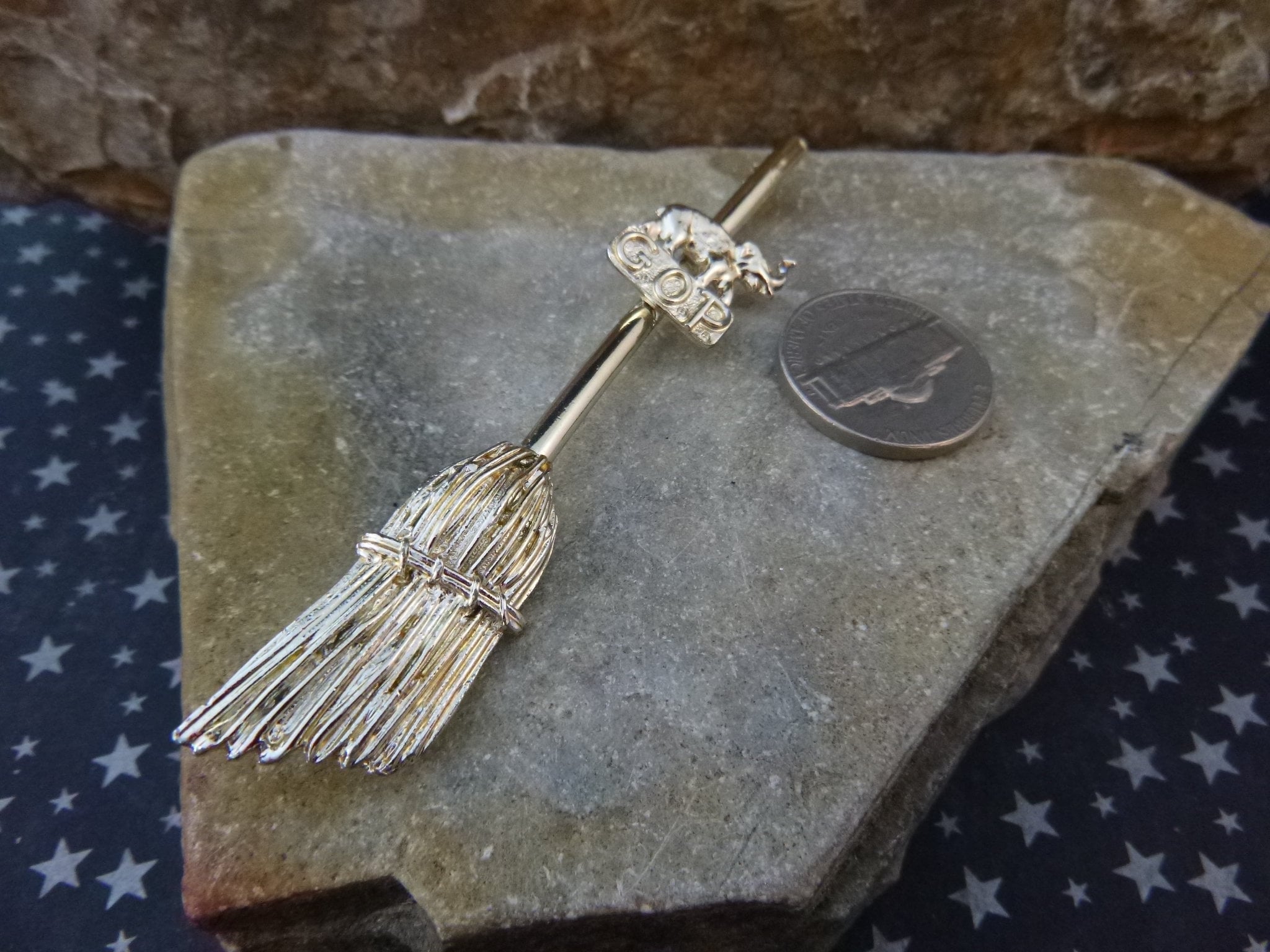 GOP Elephant “Clean Sweep” Broom Political Republican Vintage Pin