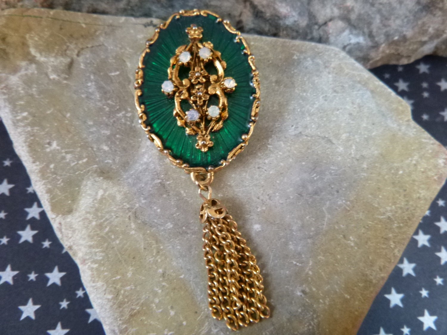 Victorian Revival Mid Century LJM Dark Green Oval with Faux Opals and ...