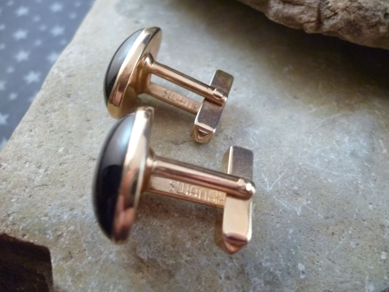 Vintage Swank Cuff Links /Cufflinks with Large Blue Cabochon Glass Stones