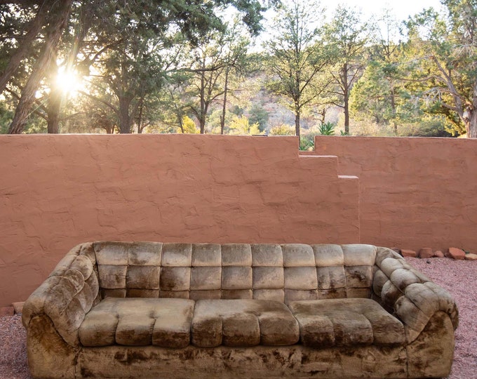 Mid-century MCM Teddy Fabric Gold Velvet Retro Low Profile Sofa Couch ...