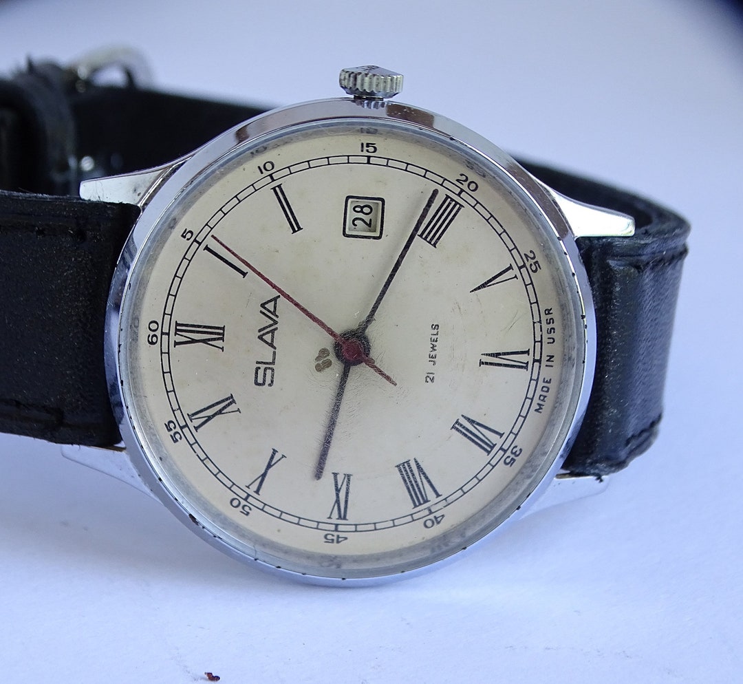 Vintage Uhr Slava mit Datumsfenster, Vintage Herrenuhr, Retro Uhr, Armbanduhr Mechanisch ...