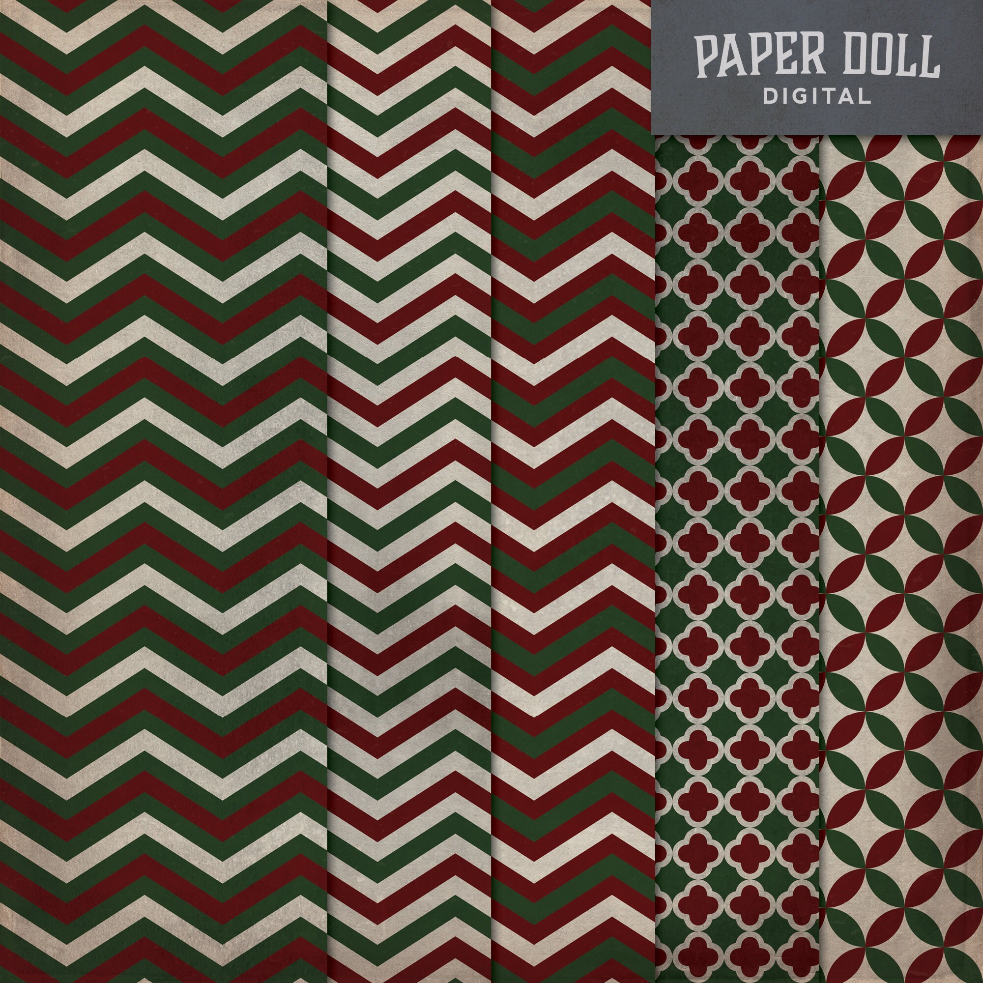 Vintage Christmas Digital Paper - Red and Green - Distressed Holiday ...