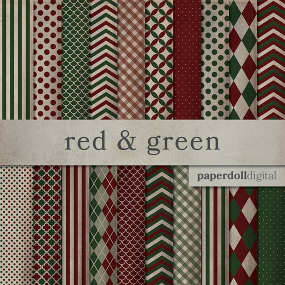 Vintage Christmas Digital Paper Red and Green Craft Paper