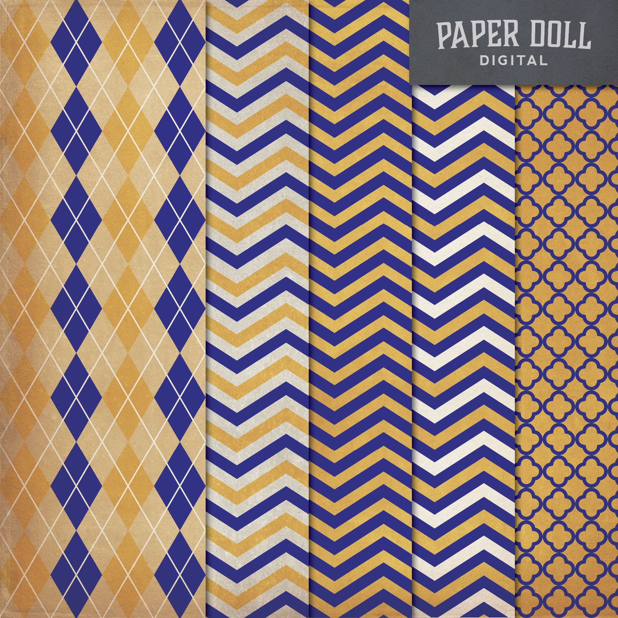 Royal Blue and Gold Digital Paper - Chevron Digital Paper ...