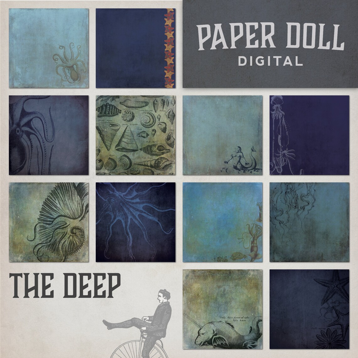 Ocean Digital Paper Squid Clip Art Tentacle Digital Paper Vintage Junk ...