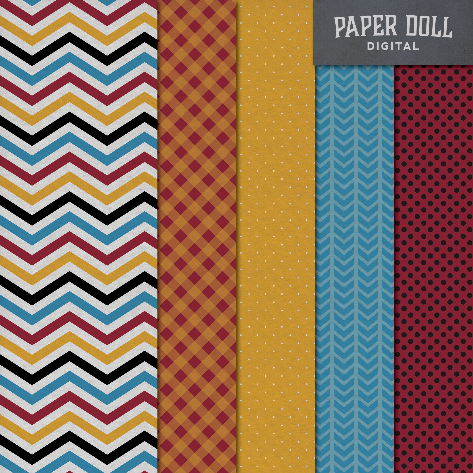 Red, Gold and Blue Digital Paper - Scrapbooking, Junk Journal - Chevron ...