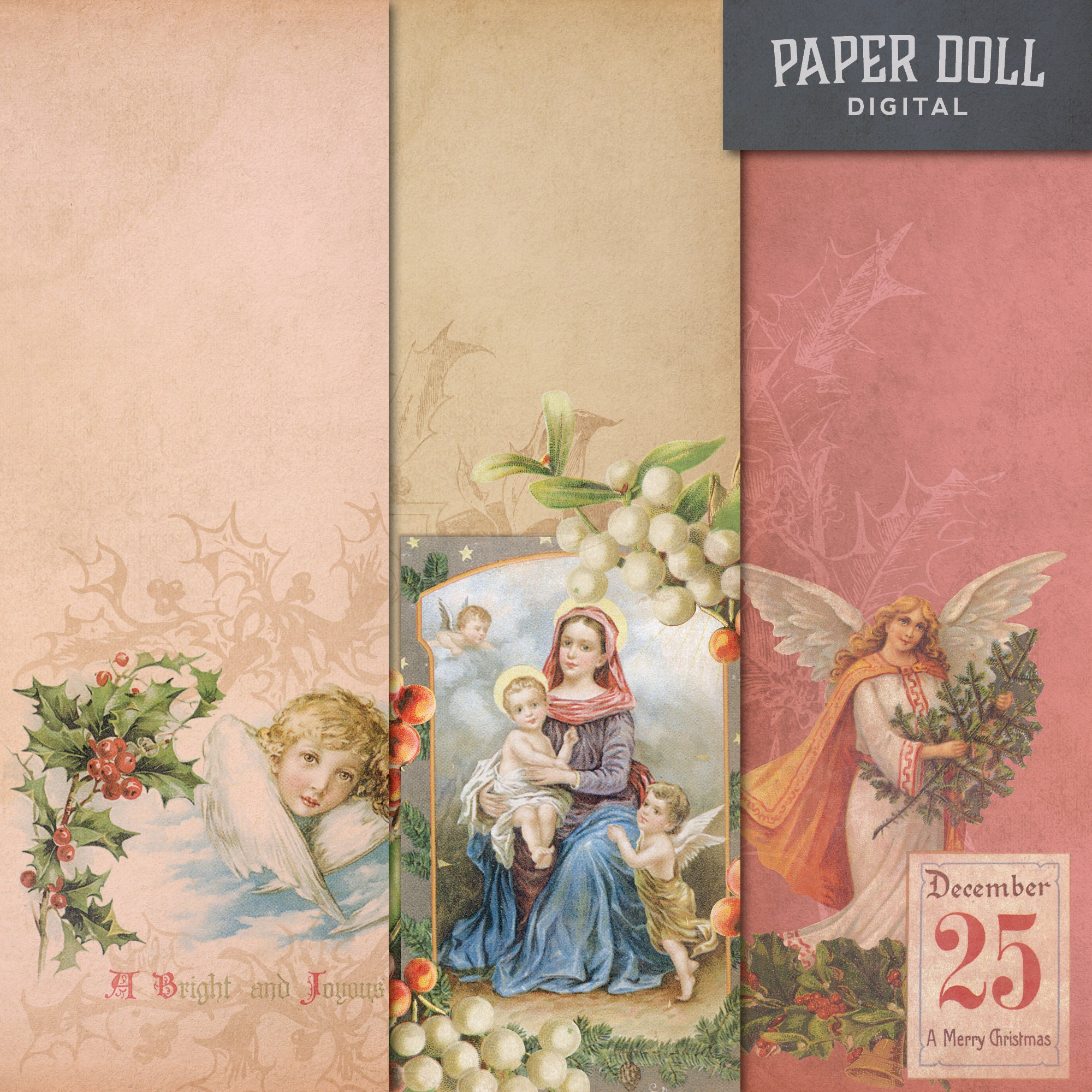 Vintage Christmas Digital Paper Victorian Christmas Angels Nativity ...
