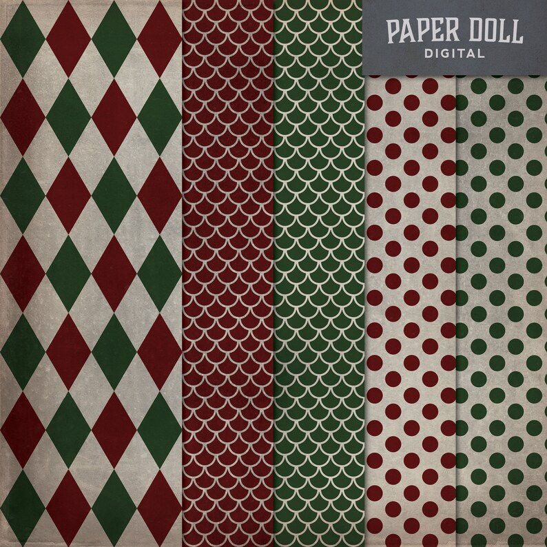 Vintage Christmas Digital Paper - Red and Green - Distressed Holiday ...