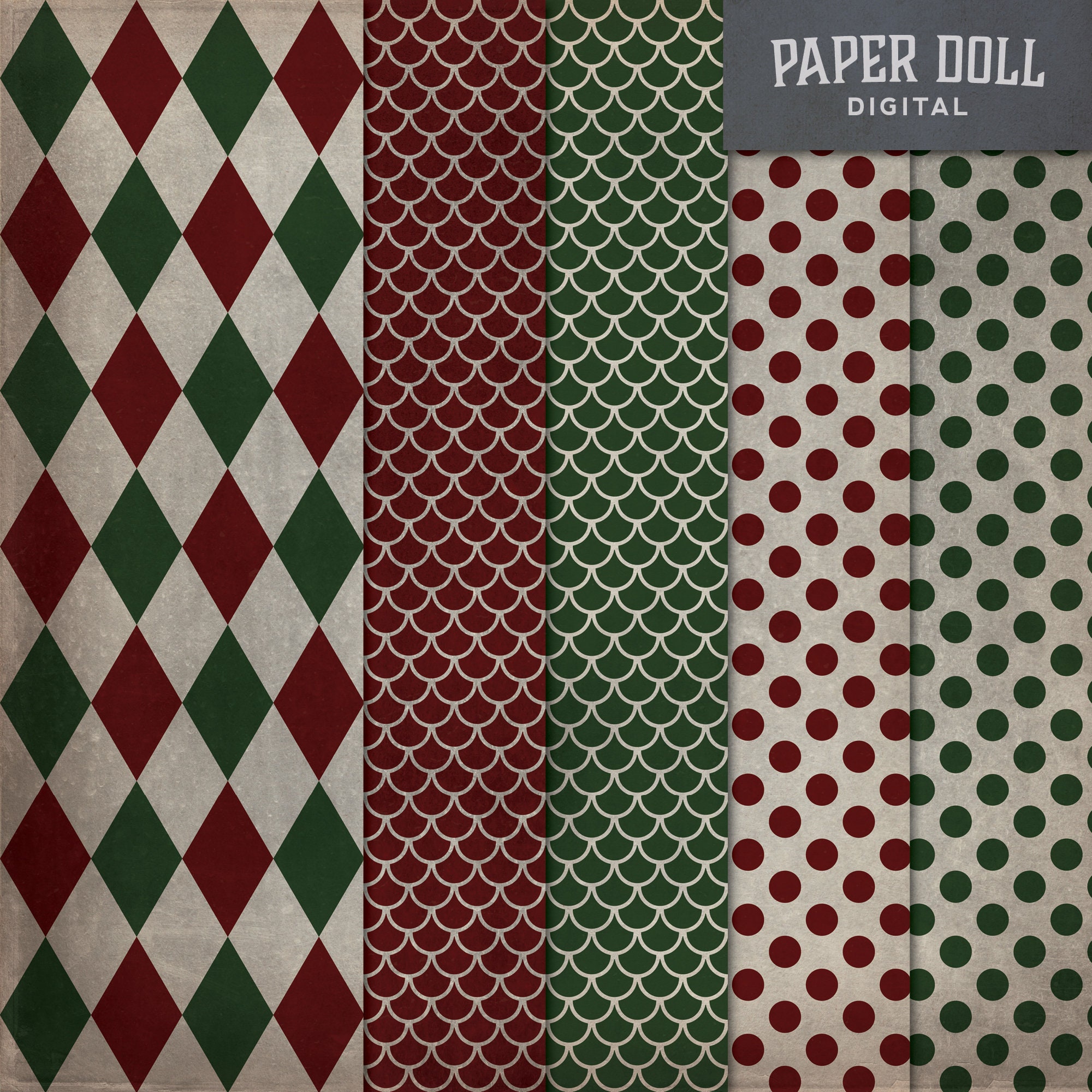 Vintage Christmas Digital Paper - Red and Green - Distressed Holiday ...