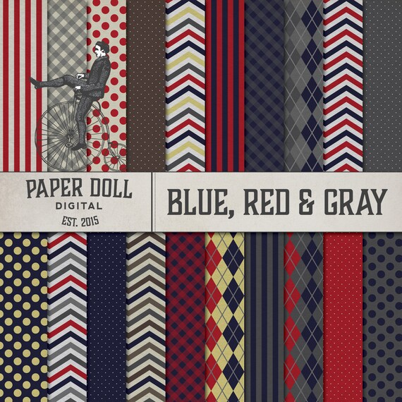 Red Blue & Gray Digital Paper Argyle Pattern Chevron | Etsy