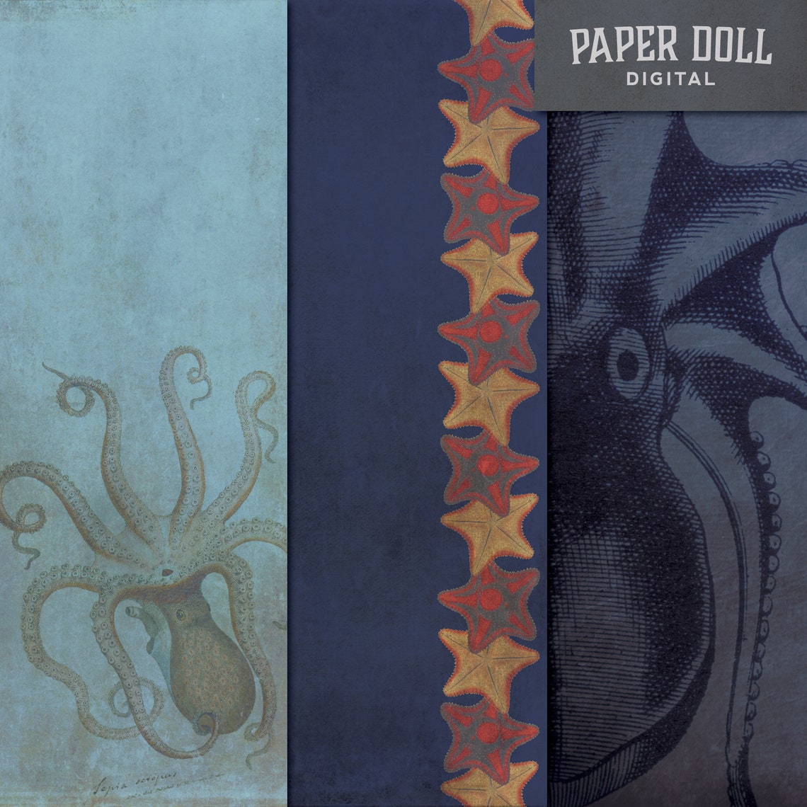 Ocean Digital Paper Squid Clip Art Tentacle Digital Paper Vintage Junk ...
