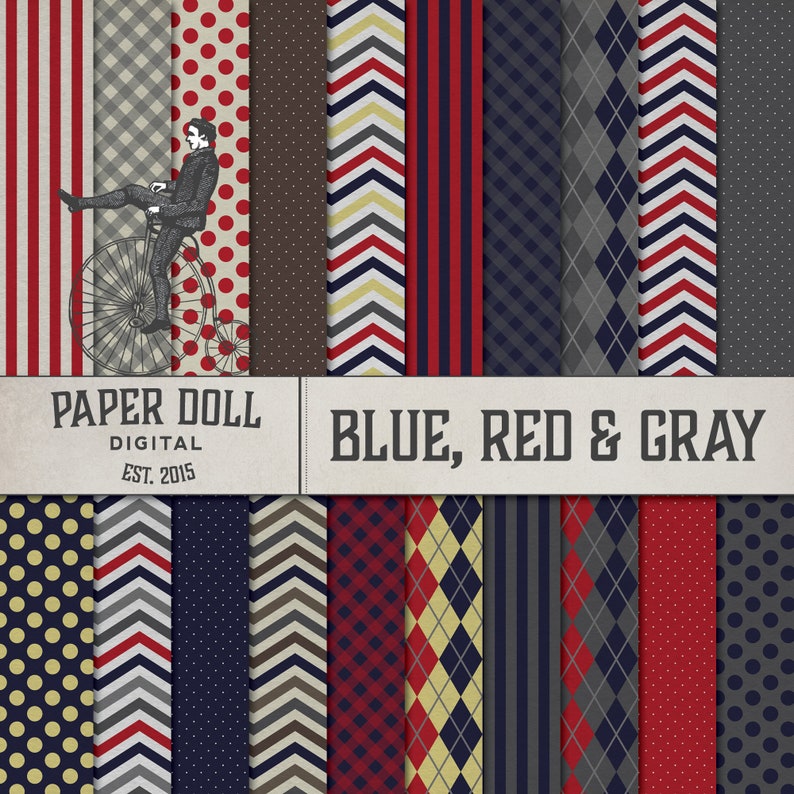 Red, Blue & Gray Digital Paper - Argyle Pattern - Chevron Digital Paper ...