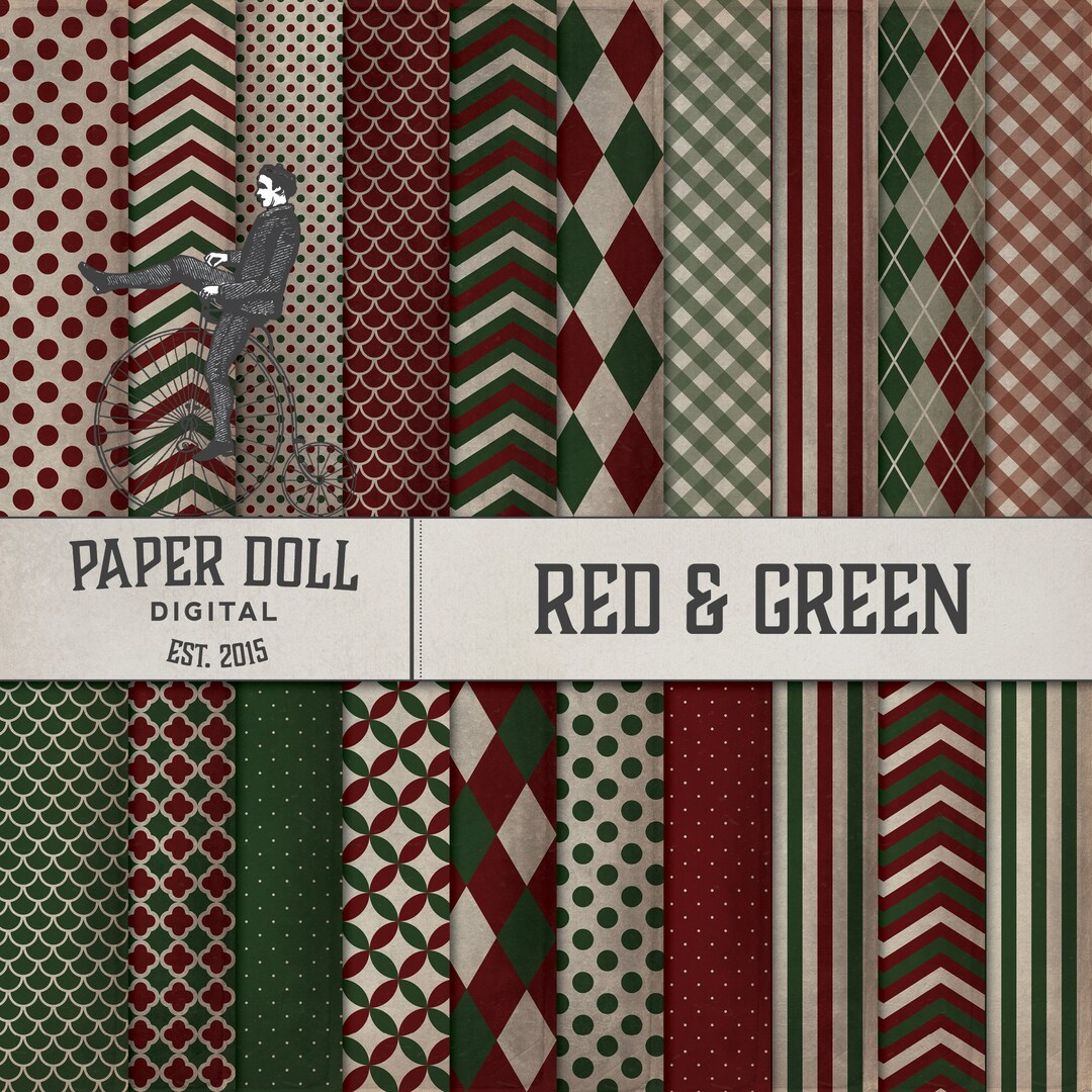 Vintage Christmas Digital Paper - Red and Green - Distressed Holiday ...