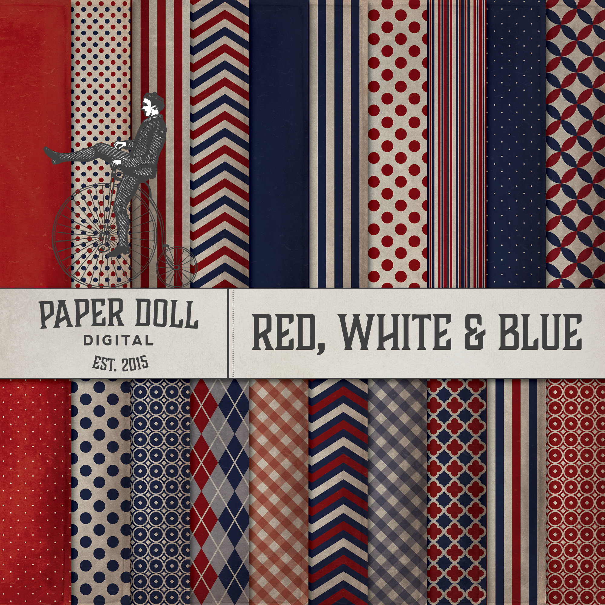 Vintage Patriotic Digital Paper – Red, White, and Blue (20 Sheets ...