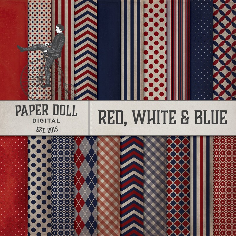 Vintage Patriotic Digital Paper Red White and Blue Craft | Etsy