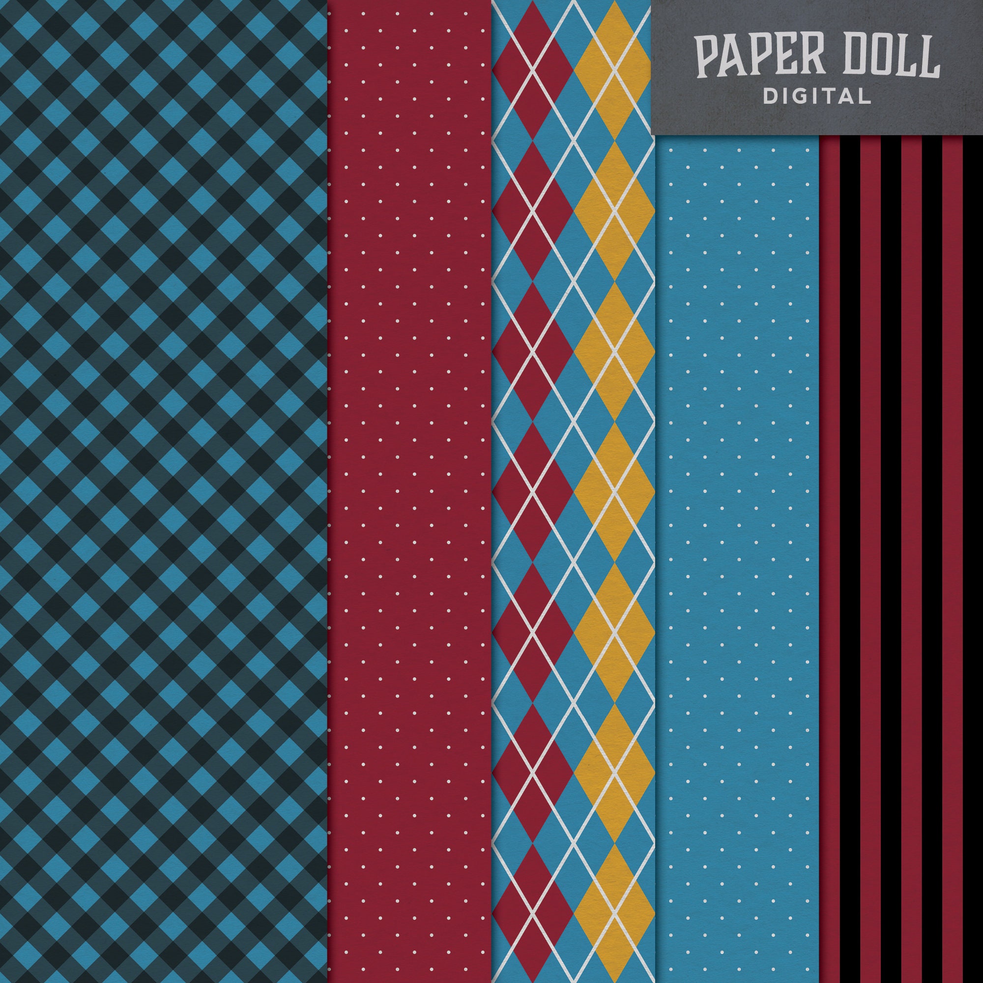 Red, Gold and Blue Digital Paper - Scrapbooking, Junk Journal - Chevron ...