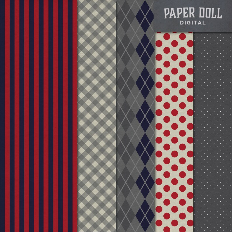 Red, Blue & Gray Digital Paper - Argyle Pattern - Chevron Digital Paper ...