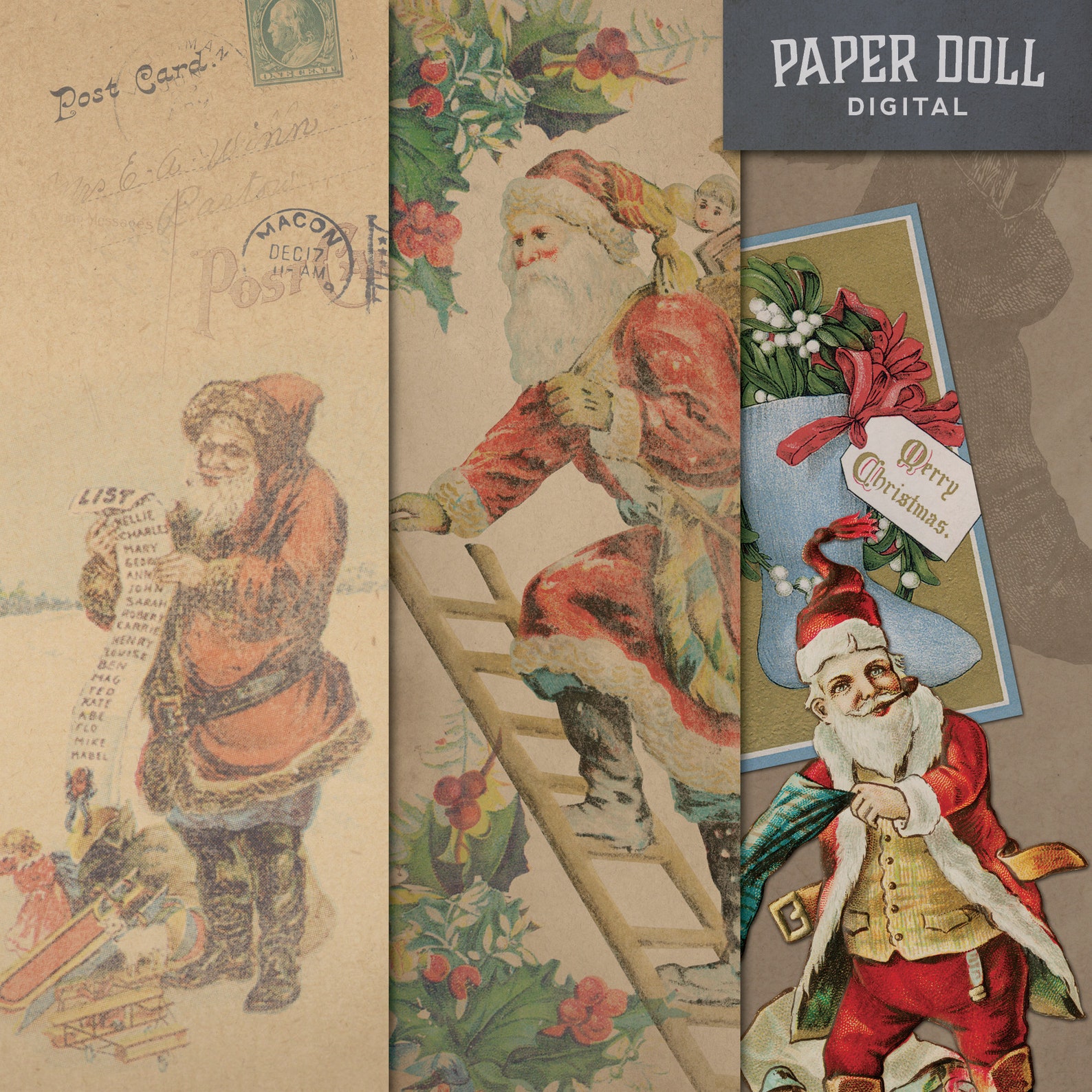 Vintage Christmas Digital Paper - Victorian Santa Scrapbooking ...
