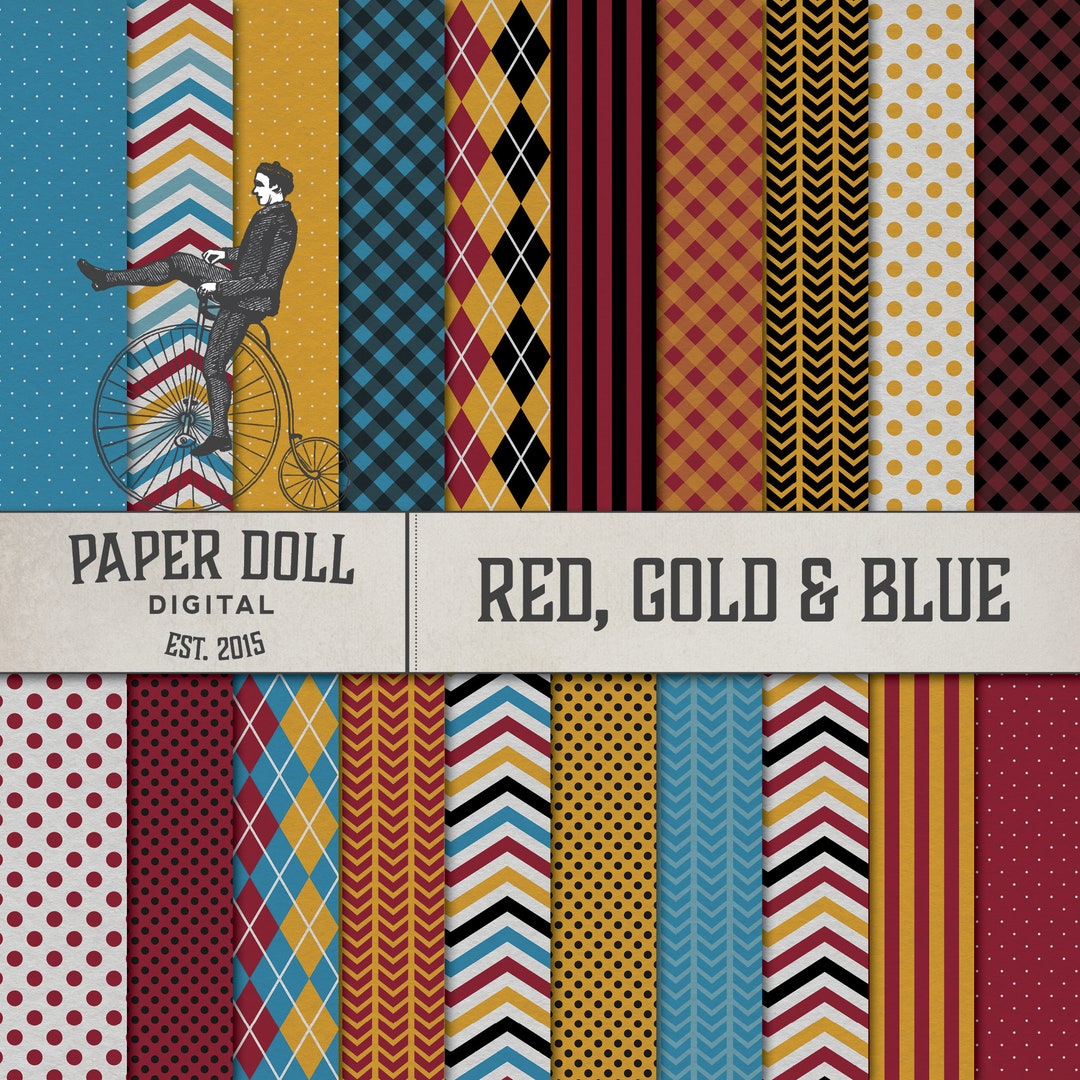 Red, Gold and Blue Digital Paper - Scrapbooking, Junk Journal - Chevron ...