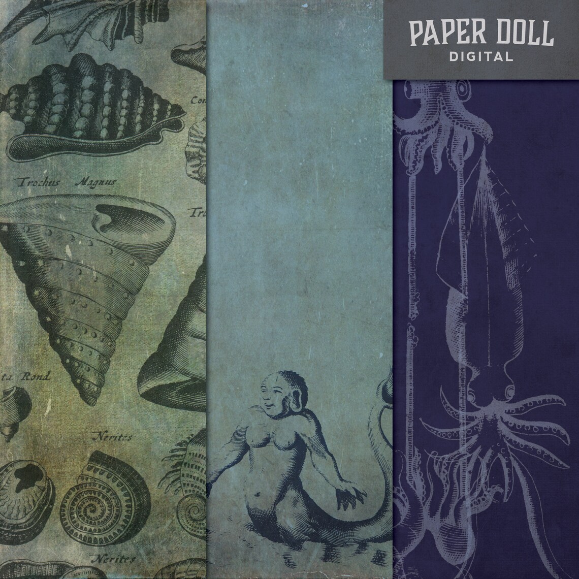Ocean Digital Paper Squid Clip Art Tentacle Digital Paper Vintage Junk ...