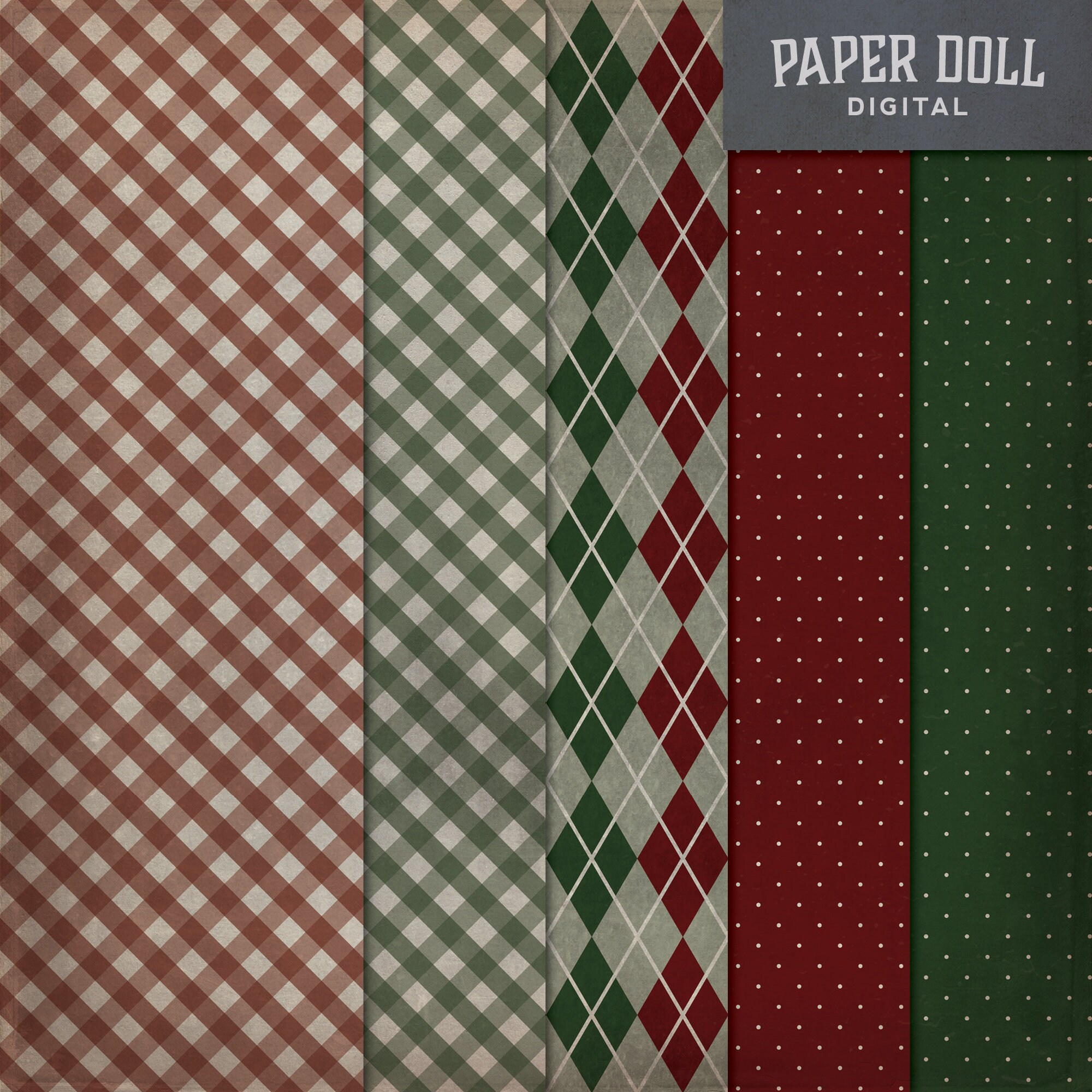 Vintage Christmas Digital Paper - Red and Green - Distressed Holiday ...