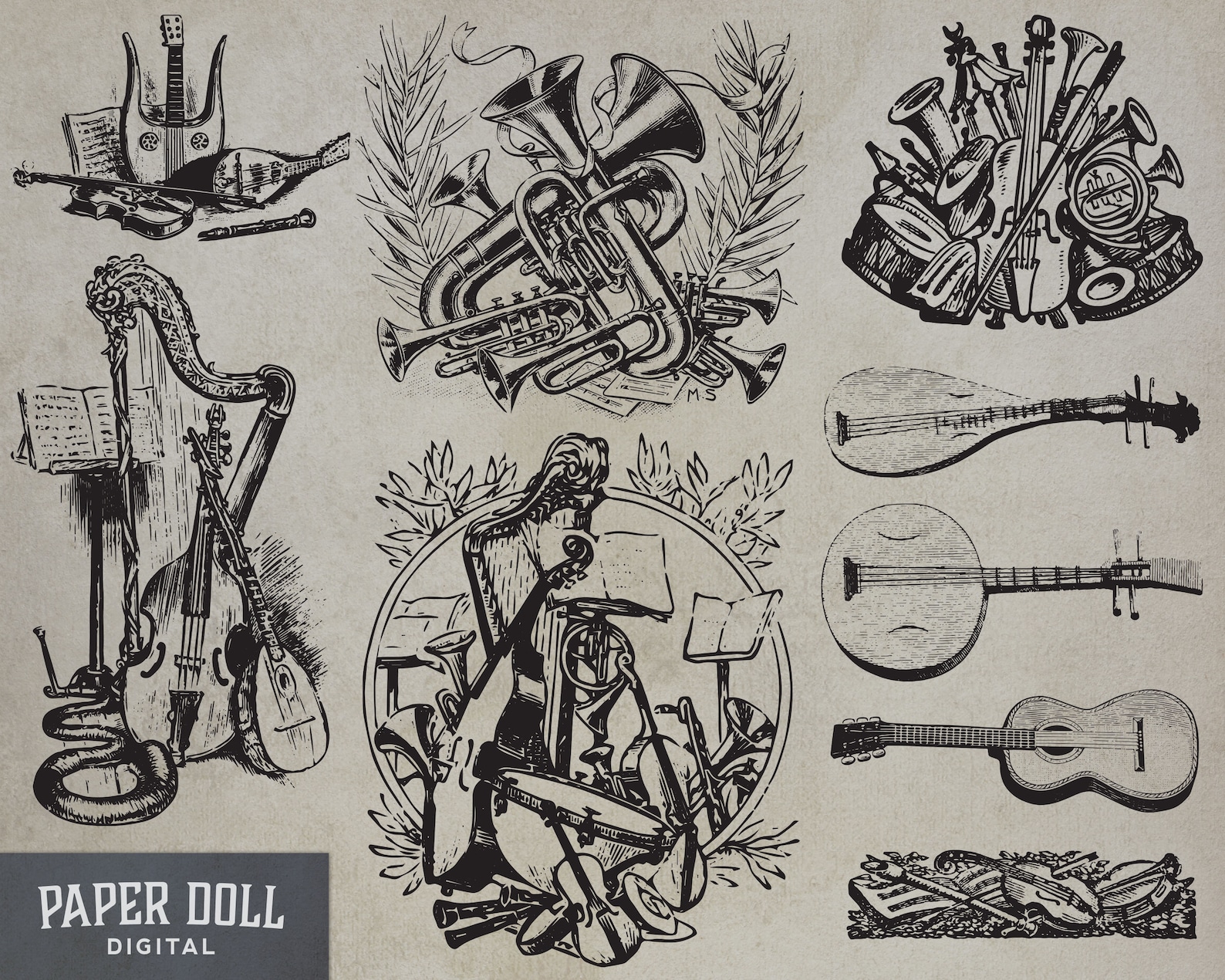 Vintage Music Clipart EPS and PNG Vector Clipart Scrapbooking Junk ...