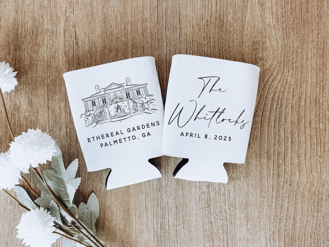Custom Venue Illustration Wedding Can Coolers: Personalized Wedding ...