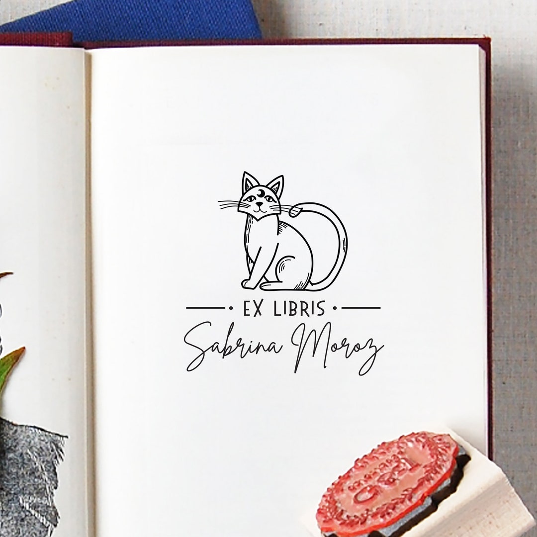 Personalized Cat Book Stamp: Custom Library Bookplate - Wooden or Self ...