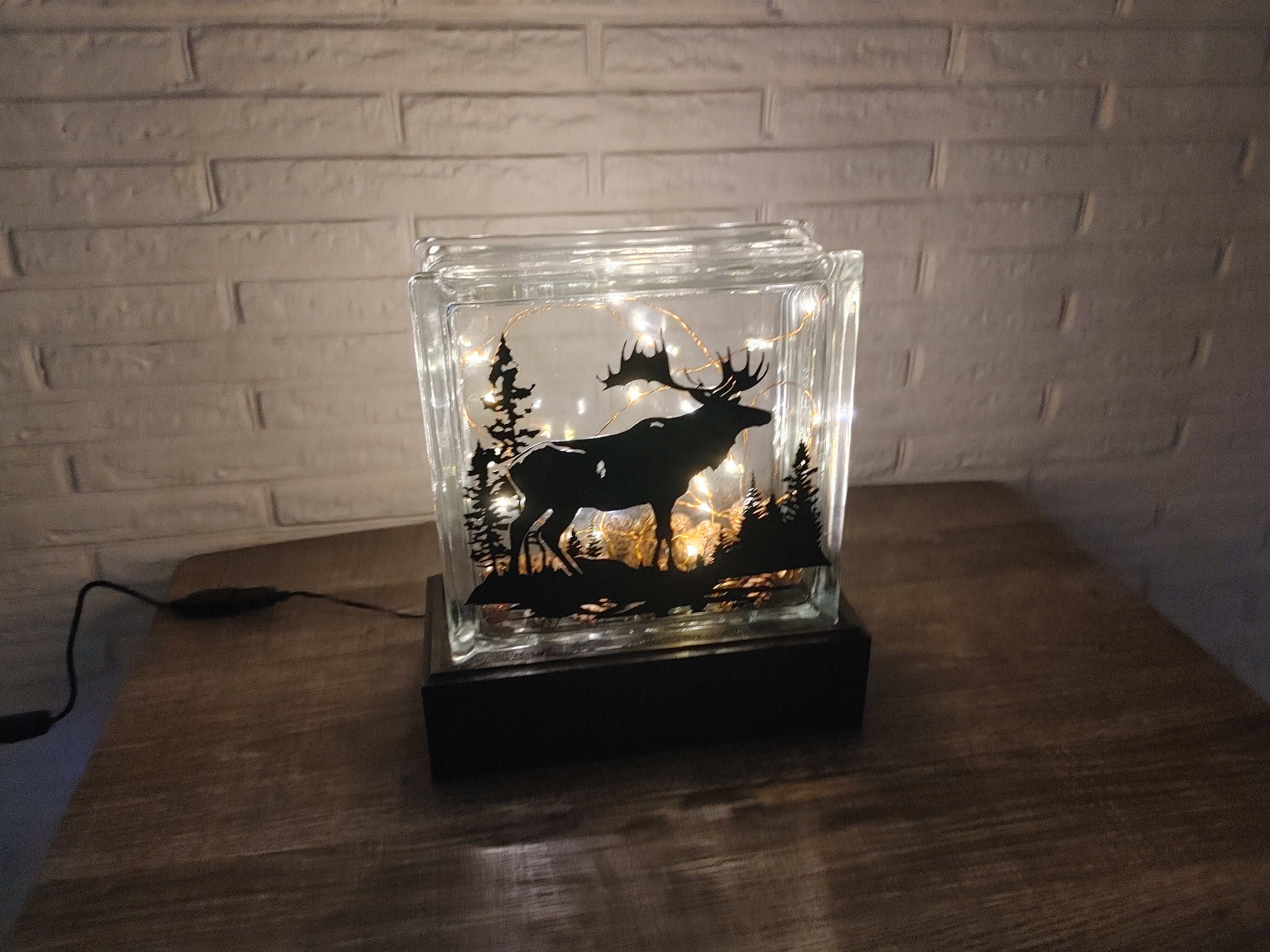 Rustic Glass Light up Block With Bull Moose in a Stream or - Etsy