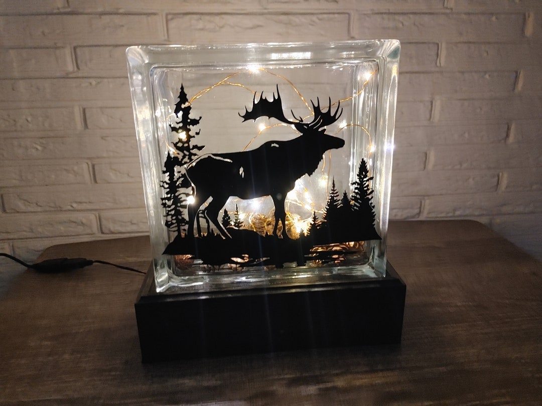 Rustic Glass Light up Block With Bull Moose in a Stream or Moosehead ...
