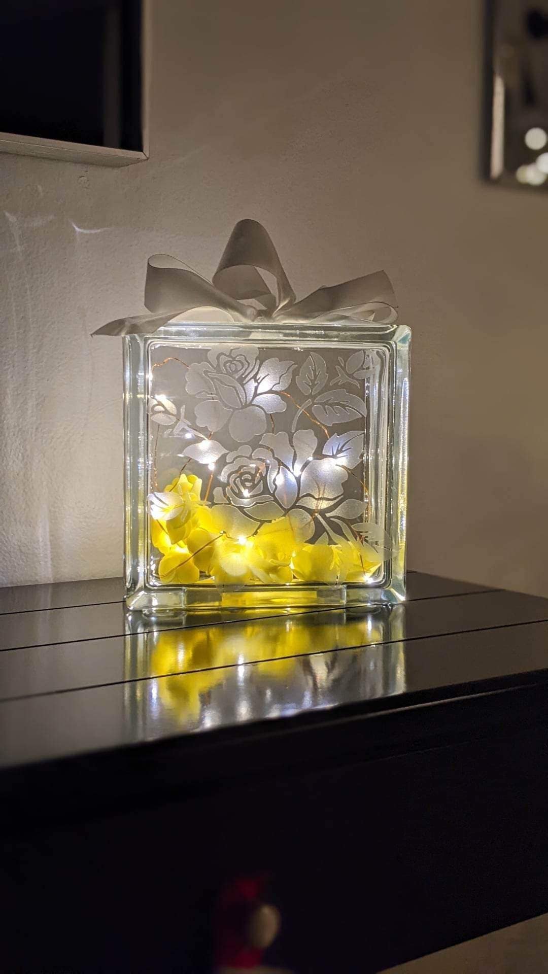 String Light Glass Block With Frosted Rose Flower Bush Design, Battery ...