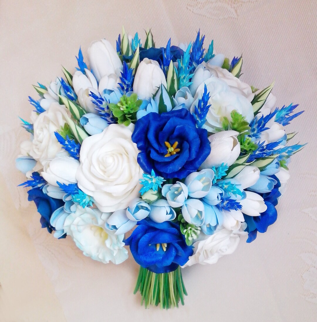 Freesia, Eustoma, Tulip, Rose, Lavender Bridal Bouquet. Blue and White ...