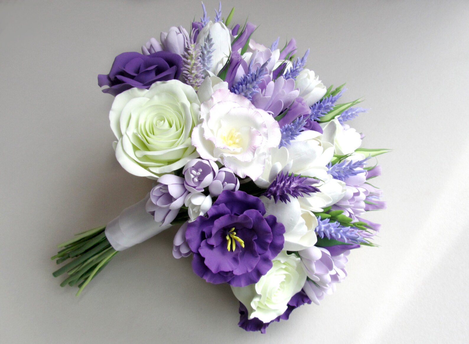 Freesia, Eustoma, Tulip, Rose, Lavender Bridal Bouquet. Lilac, Pale ...