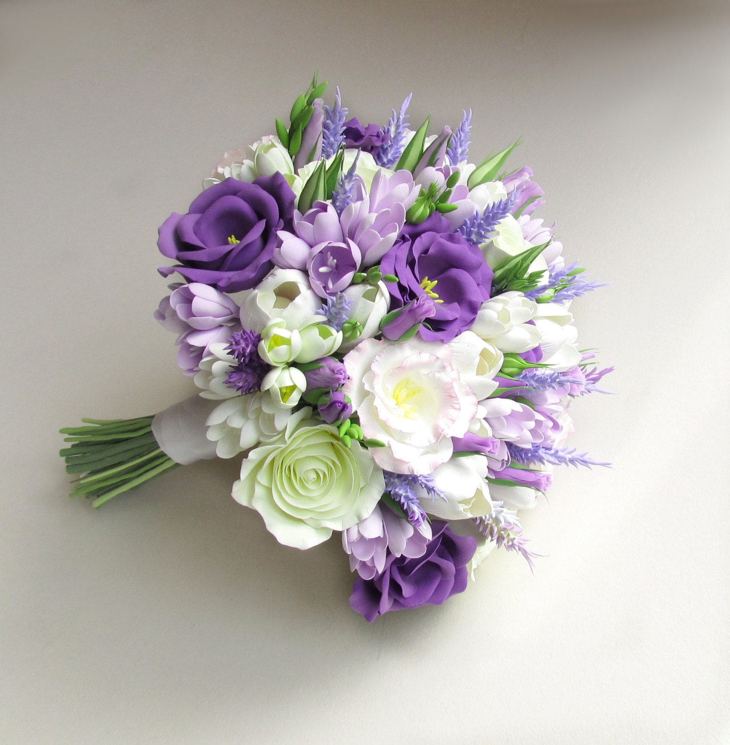 Freesia, Eustoma, Tulip, Rose, Lavender Bridal Bouquet. Lilac, Pale ...