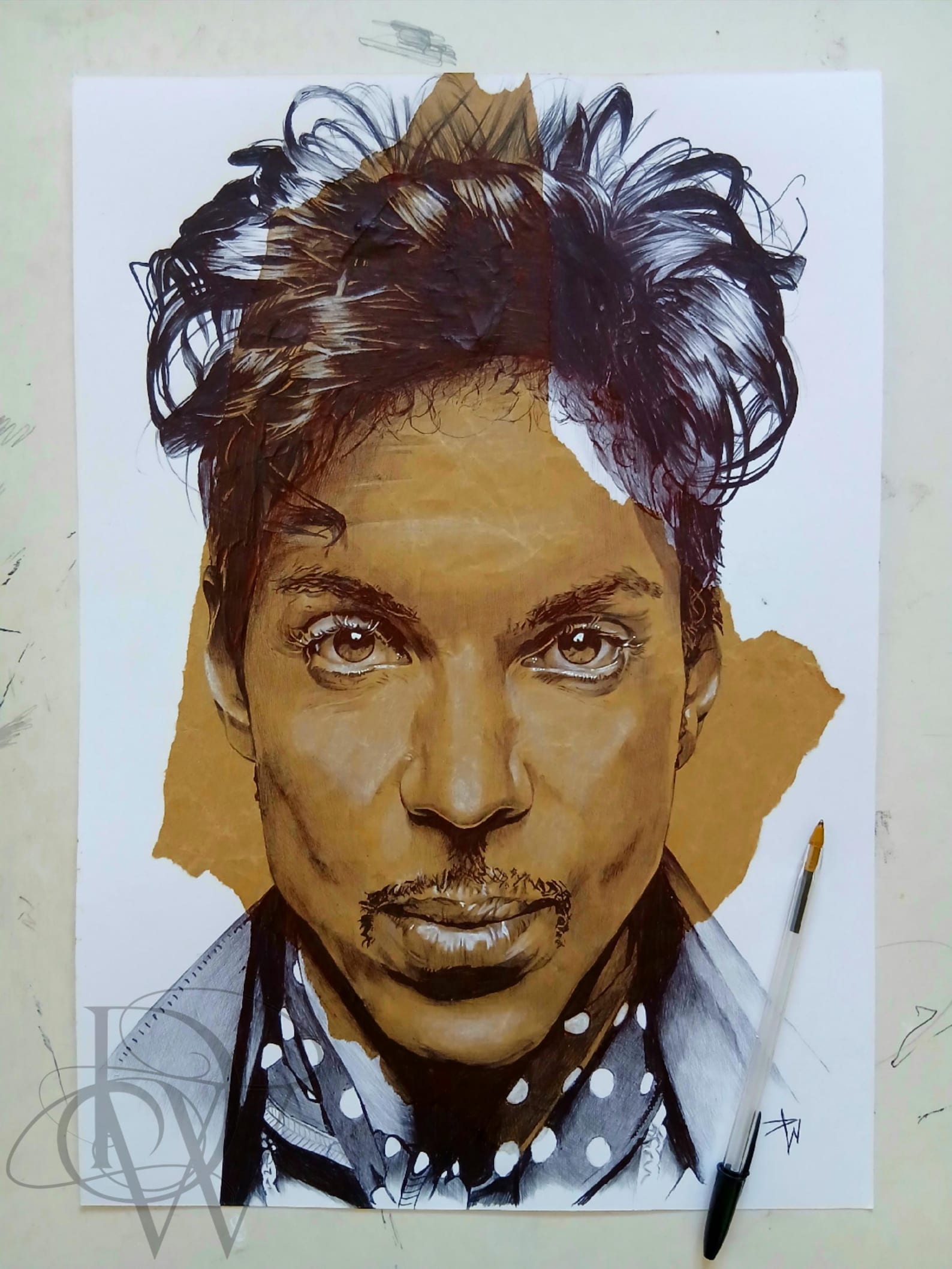 Prince Drawing – 80s Music Icon Portrait, Ballpoint Pen Artwork on Torn ...