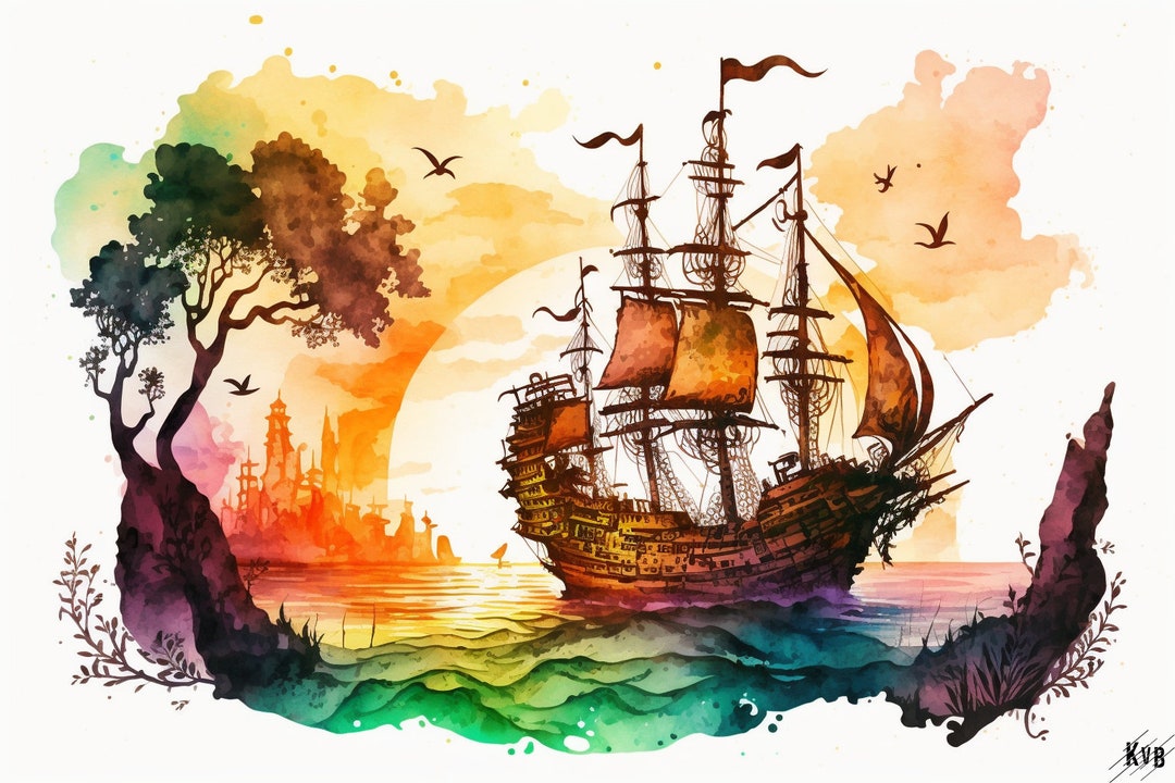 Giant Sunset Pirate Ship, Watercolor Art, Wall Art, Home and Office ...