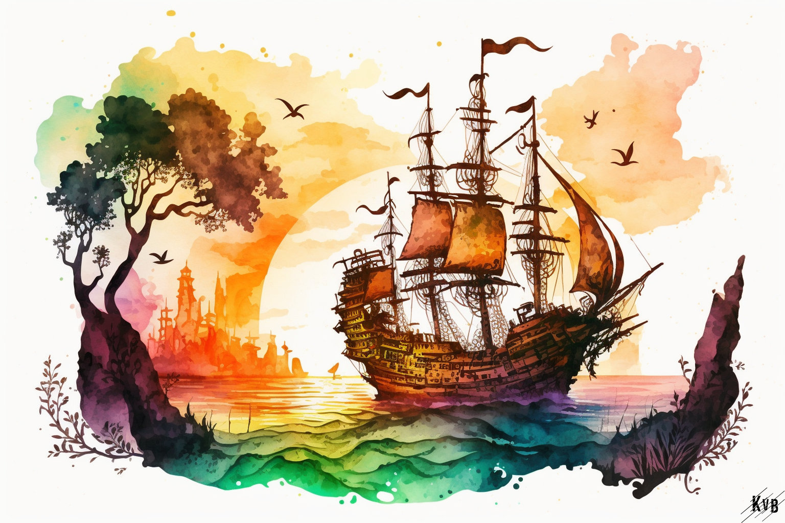 Pirate Ship Watercolor Painting