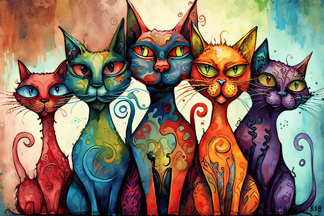 Five Whimsical Cats! Brightly Cats, Colored, Watercolor Art, Landscape ...