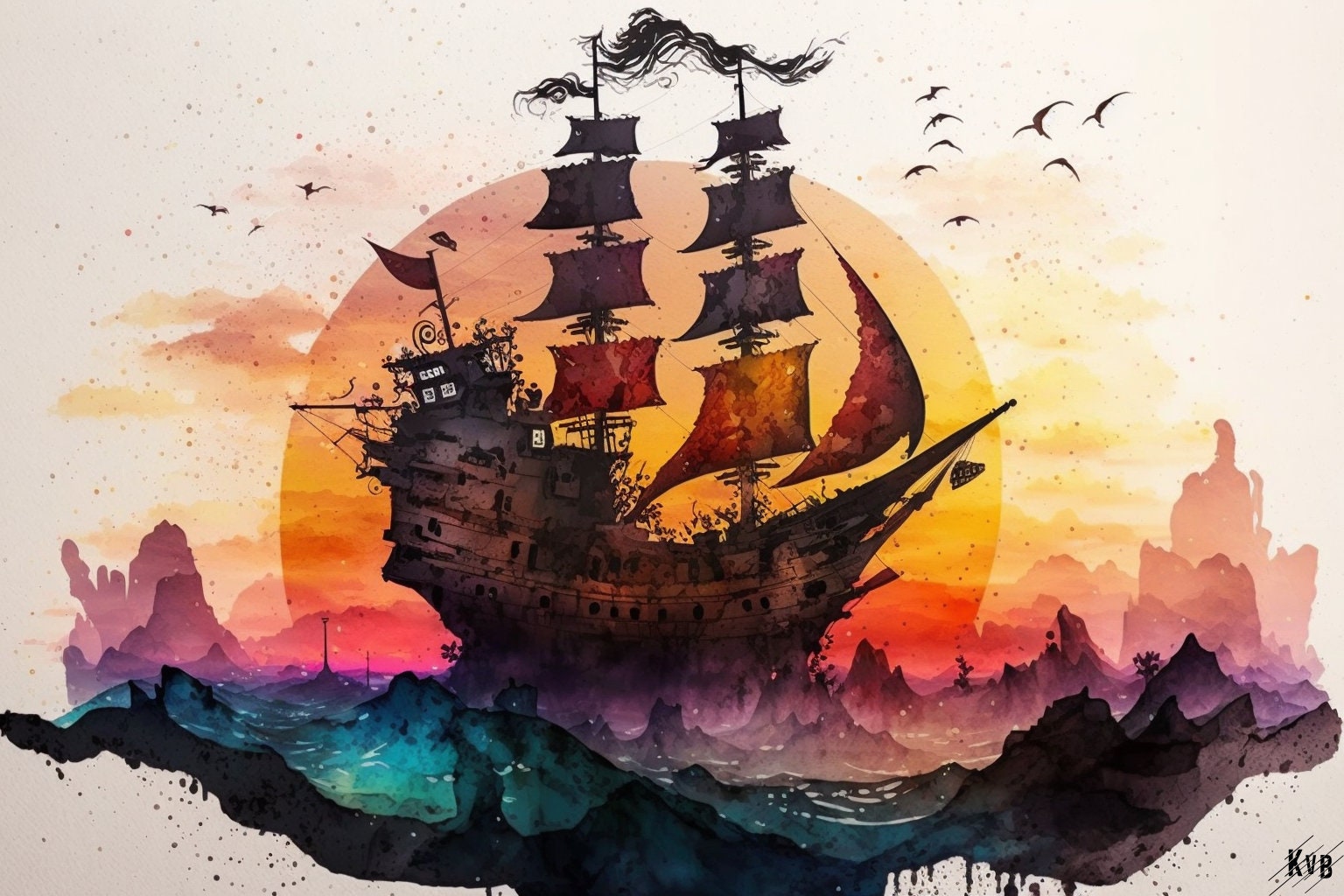 The Pirate Ship and the Reef. Watercolor Art, Wall Decor, Home and ...