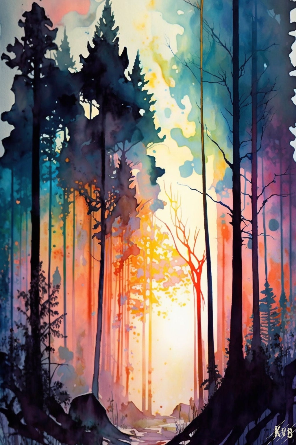 Massive Forest Sunset, Sunset Art Print, Forest Art, Watercolor, Wall ...