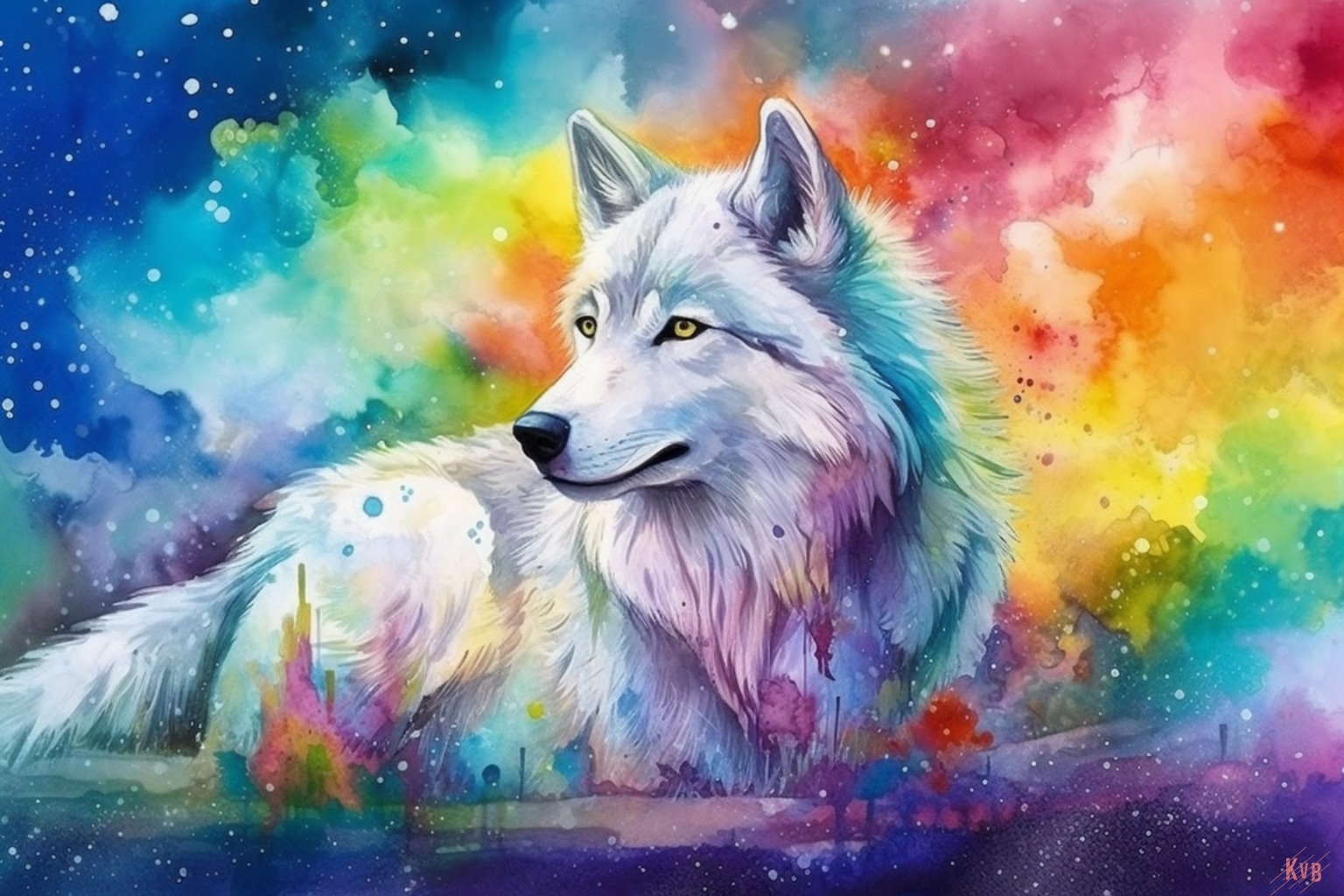 White Wolf Rainbow Galaxy, Wolf Art, Watercolor Print, Kid's Room Art ...