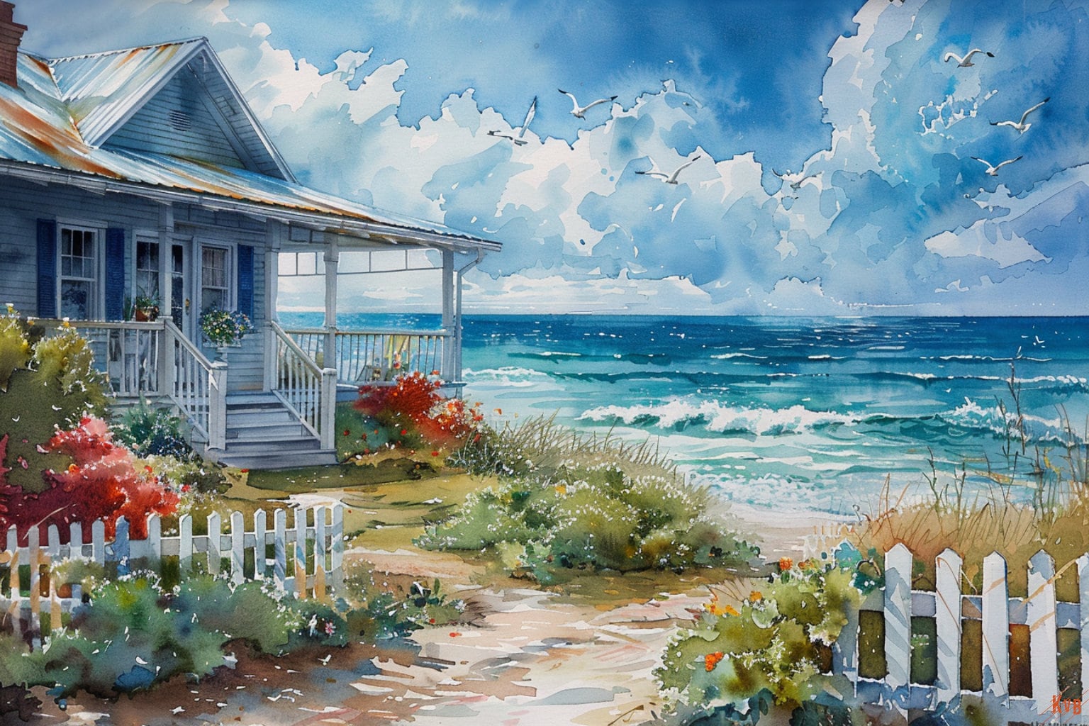 Beach Side, Coastal Art, Beach Landscape, Oceanside Art, Watercolor ...