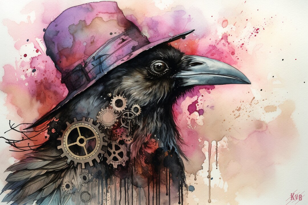 Steampunk Crow, Watercolor, Wall Art, Wall Prints, Home Office Decor ...