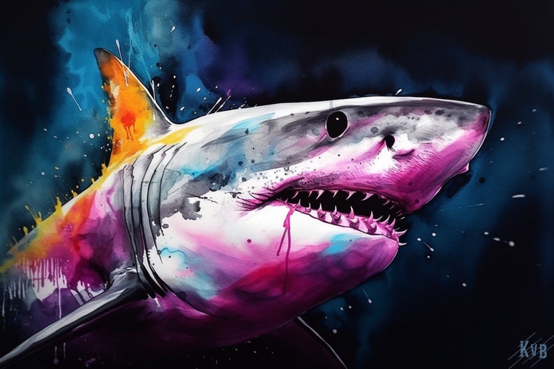 Great White in the Dark, Marine Life Art, Watercolor Sea Life, Shark ...