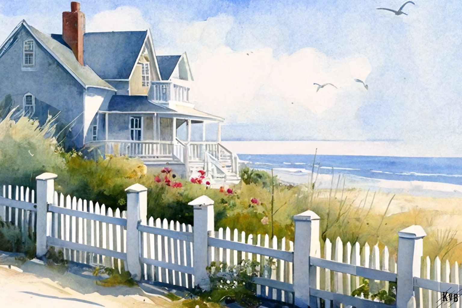 Beach House Watercolor Art: Coastal Landscape Print (digital Download ...